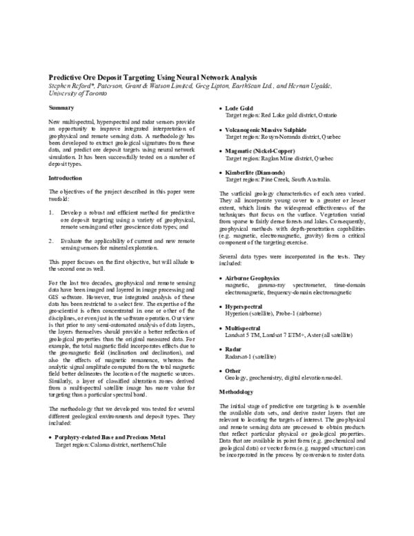 (PDF) Predictive ore deposit targeting using neural network analysis