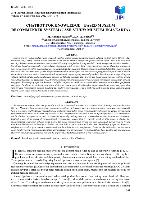 (PDF) Chatbot for Knowledge – Based Museum Recommender System (Case Study: Museum in Jakarta)