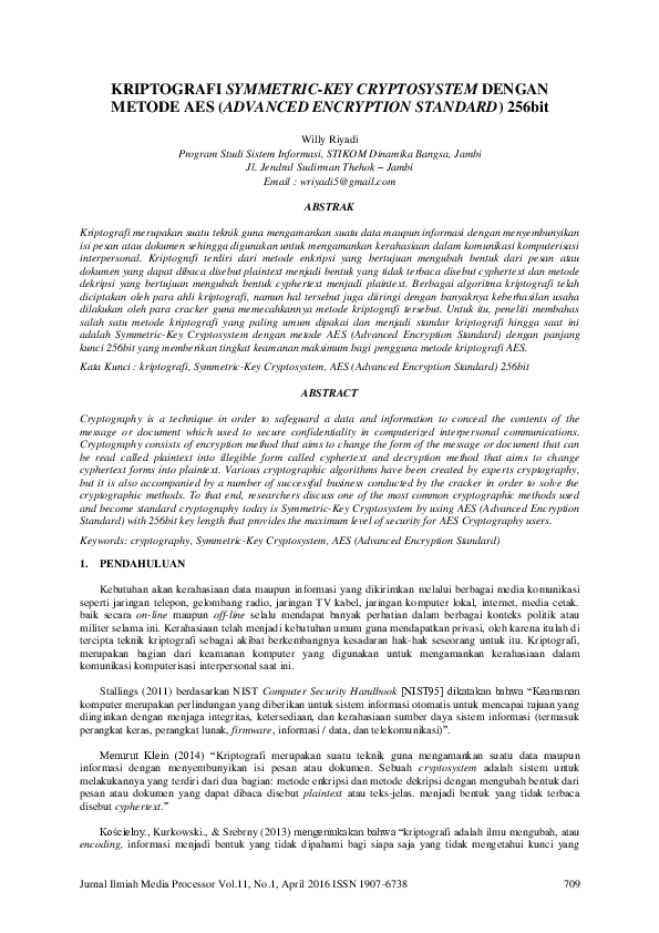 (PDF) KRIPTOGRAFI SYMMETRIC-KEY CRYPTOSYSTEM DENGAN METODE AES (ADVANCED ENCRYPTION STANDARD) 256bit