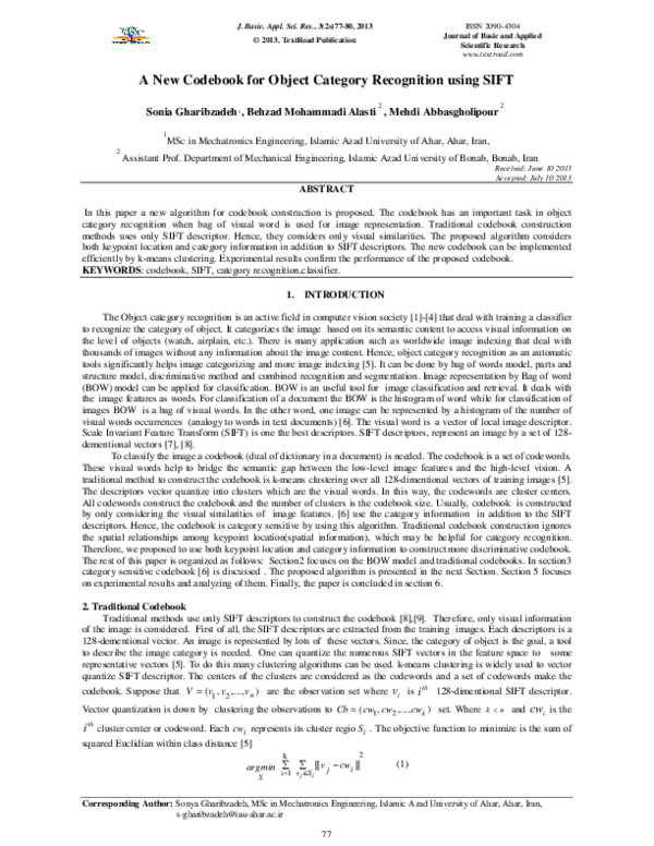 (PDF) A New Codebook for Object Category Recognition using SIFT | Behzad Alasti - Academia.edu