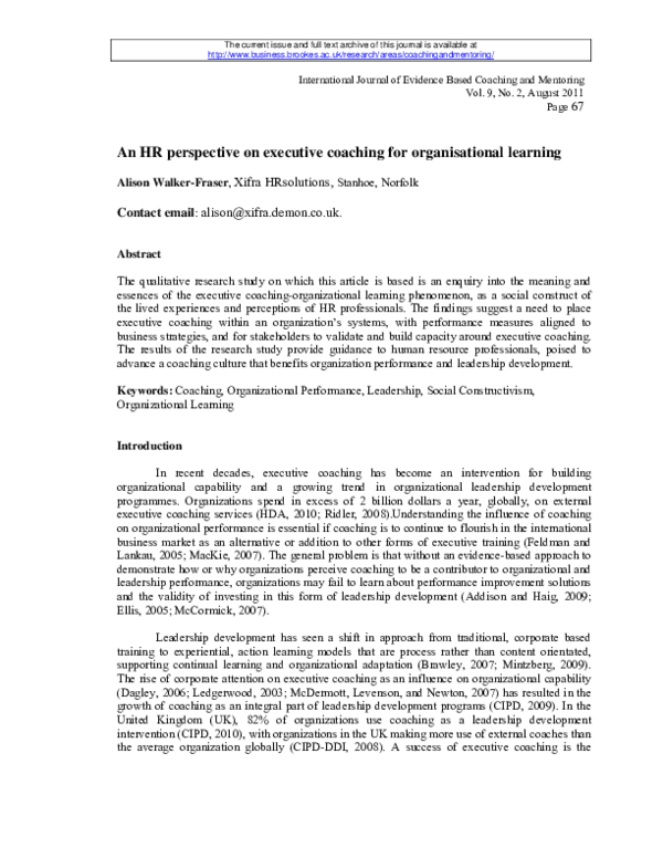(PDF) An HR perspective on executive coaching for organisational learning