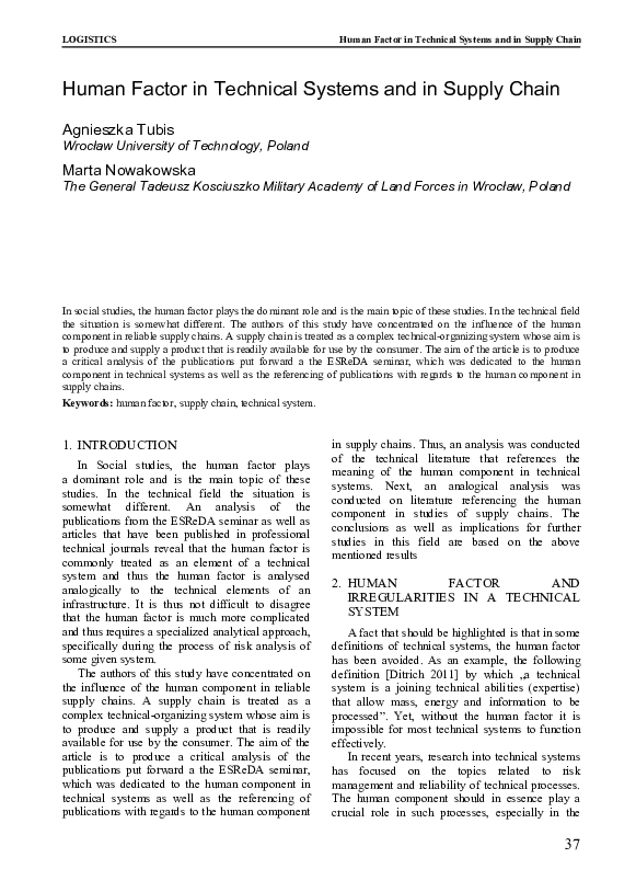 (PDF) Human Factor in Technical Systems and in Supply Chain