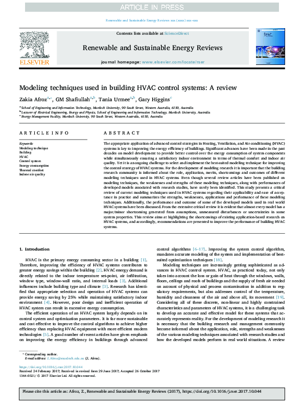 (PDF) Modeling techniques used in building HVAC control systems: A review