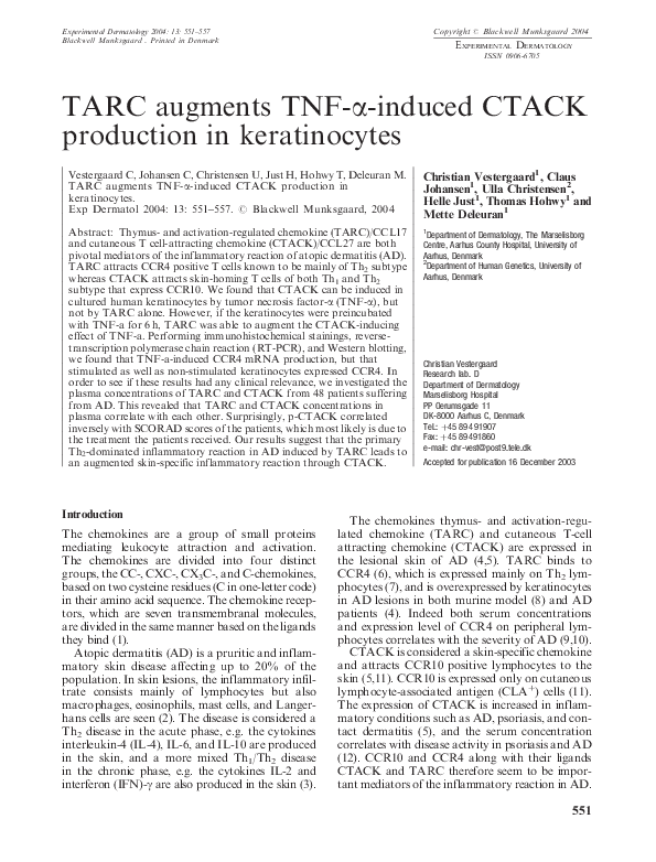 (PDF) TARC augments TNF-alpha-induced CTACK production in keratinocytes
