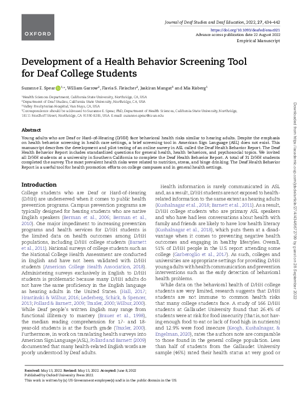 (PDF) Development of a Health Behavior Screening Tool for Deaf College ...