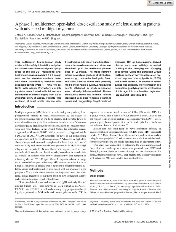 (PDF) A phase 1, multicenter, open-label, dose escalation study of elotuzumab in patients with ...
