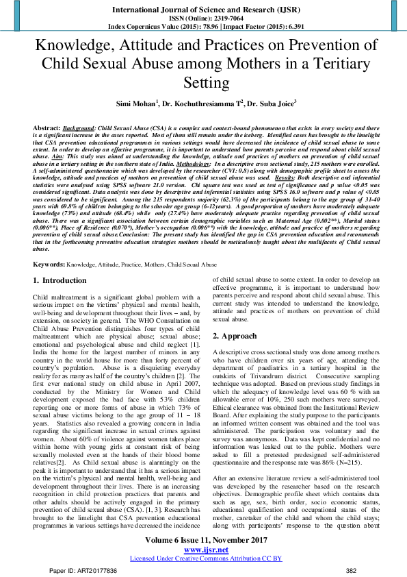 (PDF) Knowledge, Attitude and Practices on Prevention of Child Sexual Abuse among Mothers in a ...