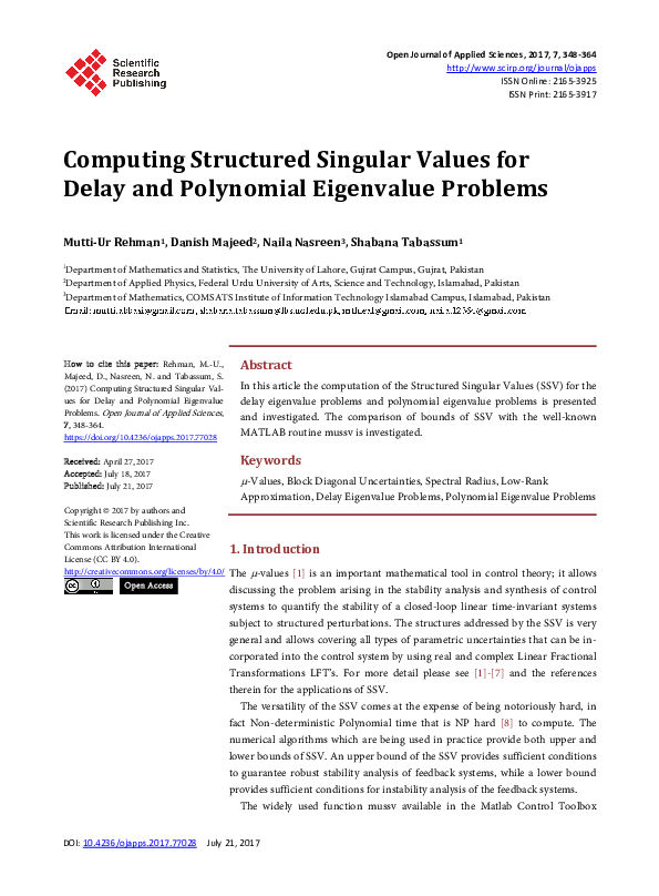 Pdf Computing Structured Singular Values For Delay And Polynomial Eigenvalue Problems