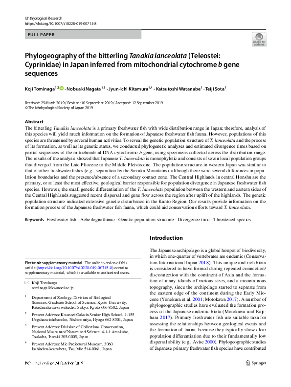 (PDF) Phylogeography of the bitterling Tanakia lanceolata (Teleostei ...