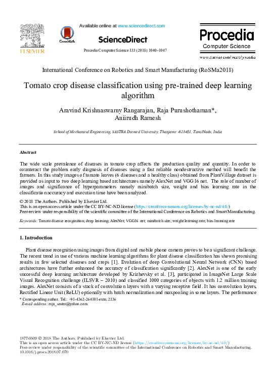 (PDF) Tomato crop disease classification using pre-trained deep learning algorithm