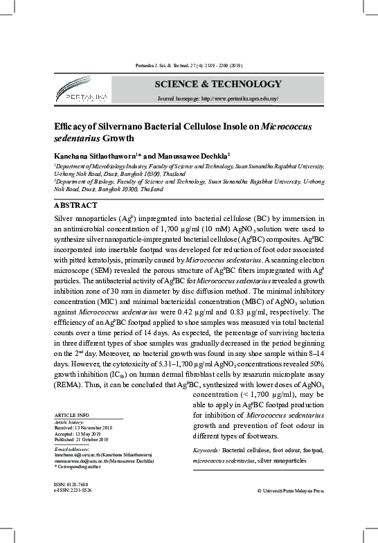 (PDF) Efficacy of Silvernano Bacterial Cellulose Insole on Micrococcus ...