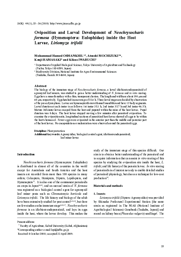 (PDF) Oviposition and Larval Development of Neochrysocharis formosa ...