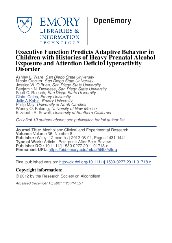 (PDF) Executive Function Predicts Adaptive Behavior in Children with Histories of Heavy Prenatal ...
