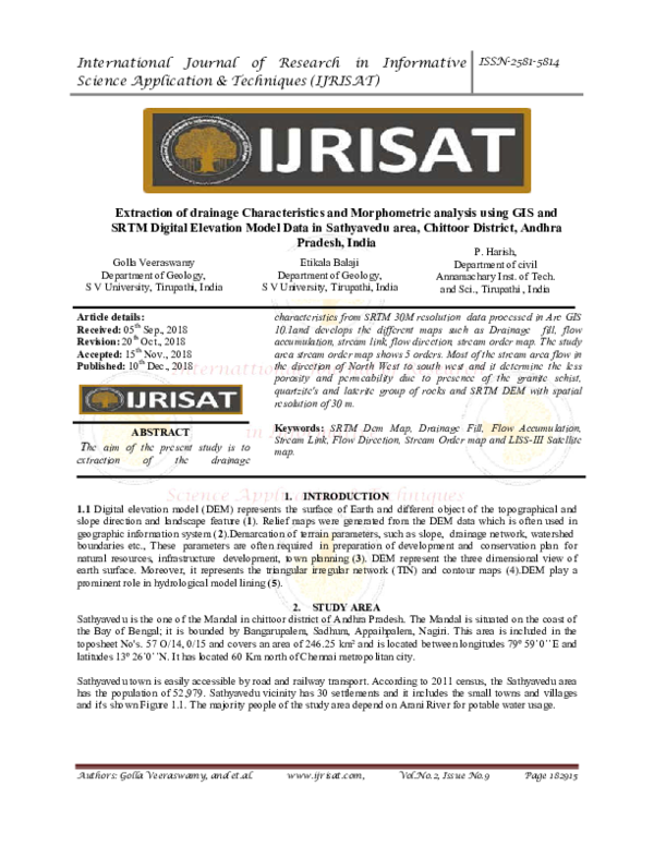 Pdf Extraction Of Drainage Characteristics And Morphometric Analysis Using Gis And Srtm