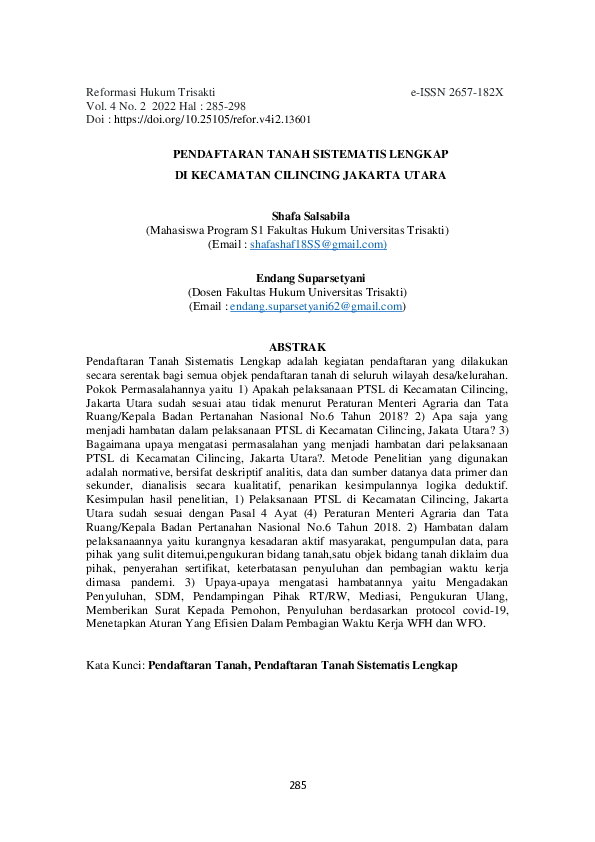 (PDF) Pendaftaran Tanah Sistematis Lengkap DI Kecamatan Cilincing Jakarta Utara