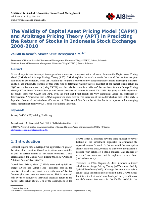 (PDF) The Validity of Capital Asset Pricing Model (CAPM) and Arbitrage ...