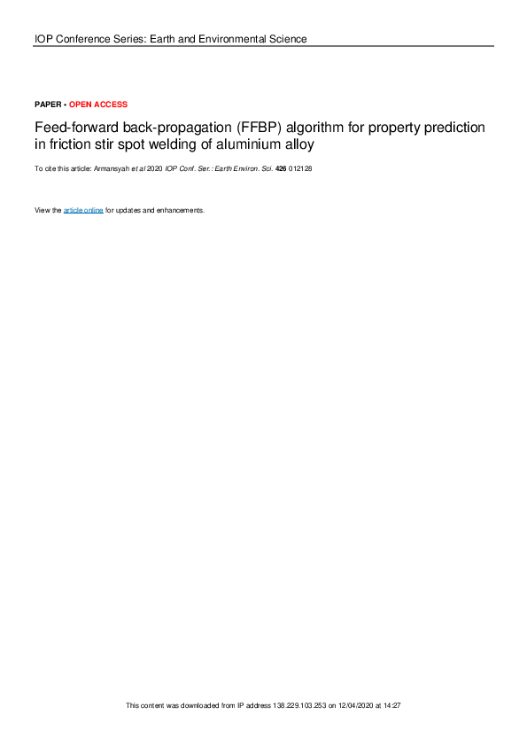 (PDF) Feed-forward back-propagation (FFBP) algorithm for property prediction in friction stir ...