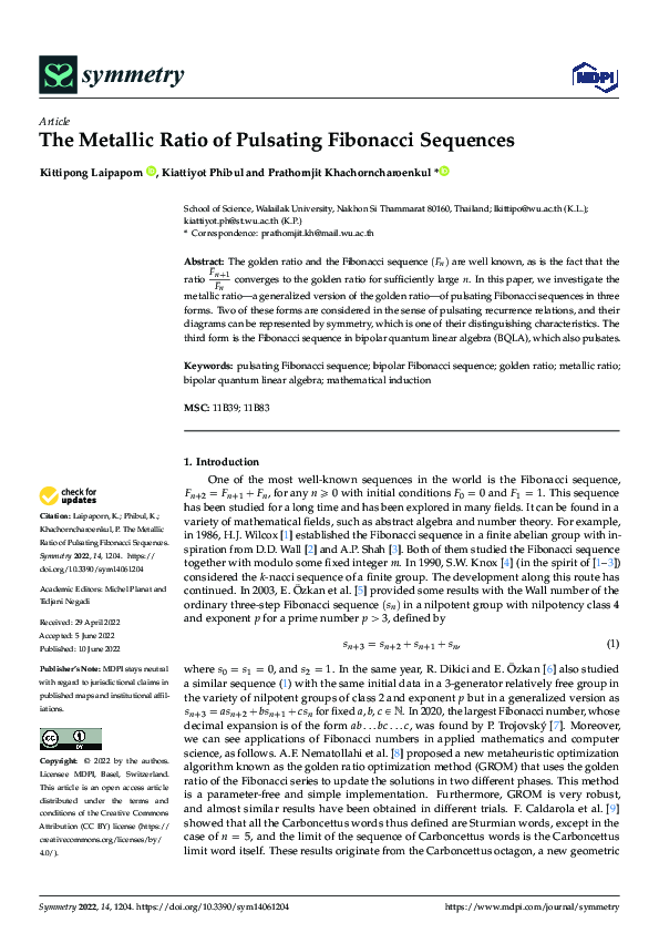 (PDF) The Metallic Ratio of Pulsating Fibonacci Sequences | Kittipong Laipaporn - Academia.edu
