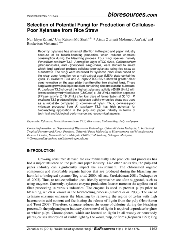 (PDF) Selection of Potential Fungi for Production of Cellulase-Poor ...