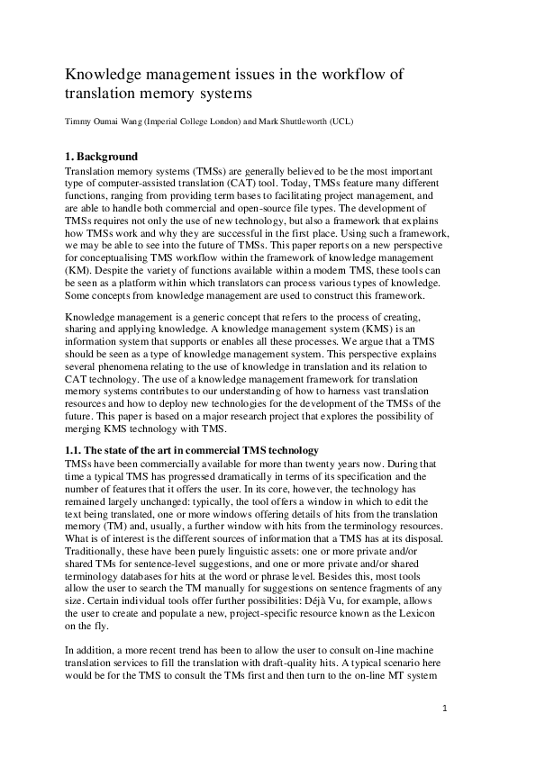 (PDF) Knowledge management issues in the workflow of translation memory ...
