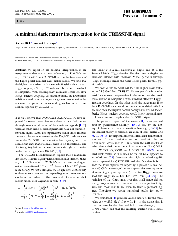 (PDF) A minimal dark matter interpretation for the CRESST-II signal