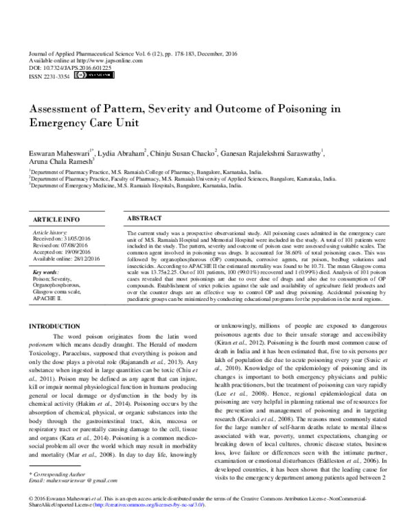 (PDF) Assessment of Pattern, Severity and Outcome of Poisoning in ...
