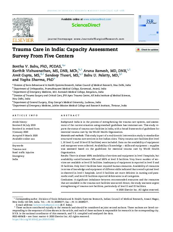 (PDF) Trauma Care in India: Capacity Assessment Survey From Five Centers