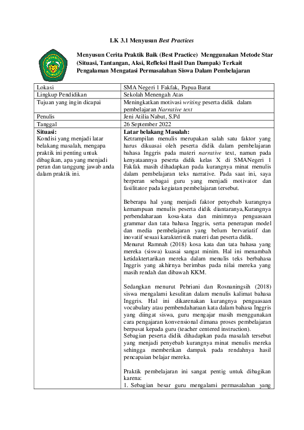 (PDF) Lk 3.1 Penyusunan Best practice dengan metode STAR