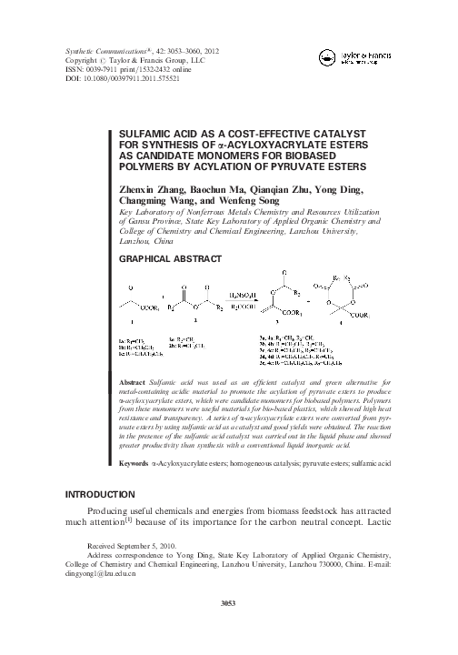(PDF) Sulfamic Acid as A Cost-Effective Catalyst for Synthesis of α-Acyloxyacrylate Esters as ...