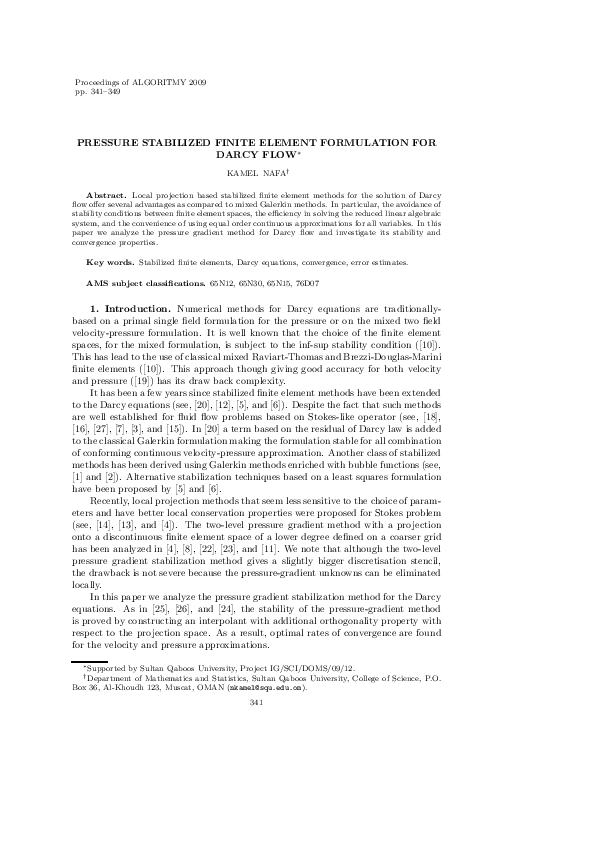 (PDF) Pressure Stabilized Finite Element Formulation for Darcy Flow
