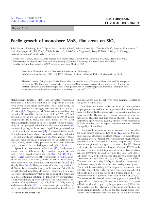 (PDF) Facile growth of monolayer MoS2 film areas on SiO2