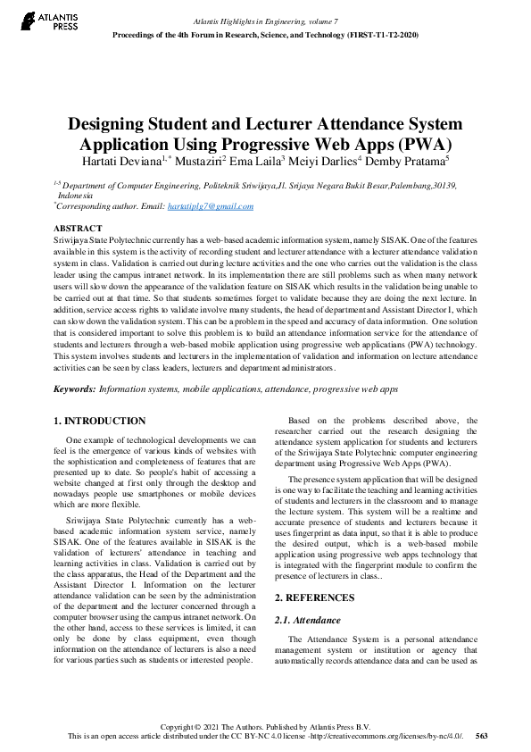 (PDF) Designing Student and Lecturer Attendance System Application Using Progressive Web Apps (PWA)