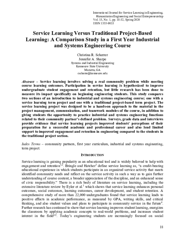 (PDF) Service Learning Versus Traditional Project-Based Learning: A ...