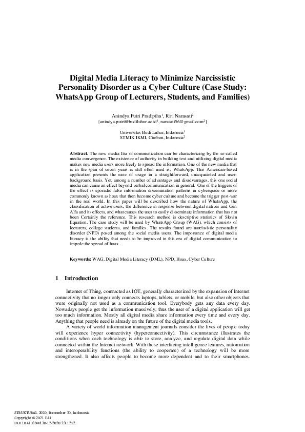 (PDF) Digital Media Literacy to Minimize Narcissistic Personality ...