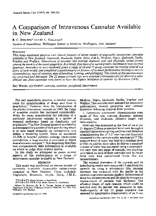 (PDF) A Comparison of Intravenous Cannulae Available in New Zealand