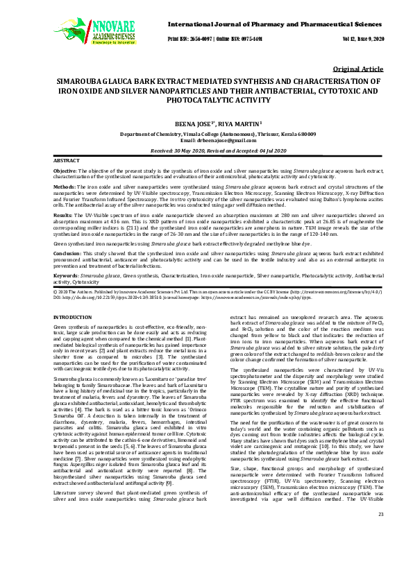 (PDF) Simarouba Glauca Bark Extract Mediated Synthesis and Characterisation of Iron Oxide and ...