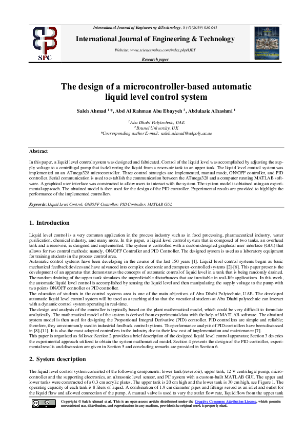 (PDF) The Design of a Microcontroller-based Automatic Liquid Level Control System