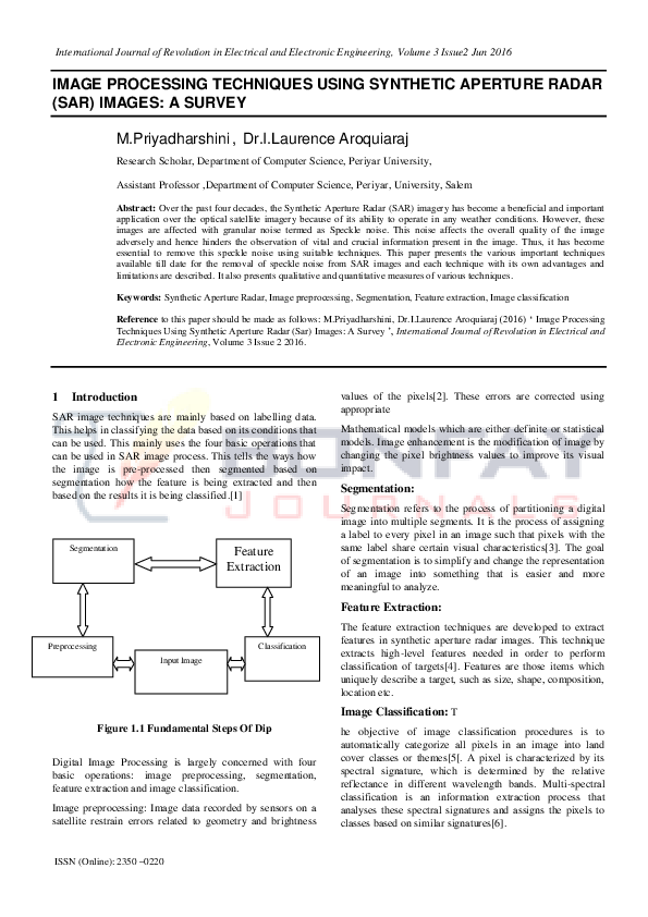 (PDF) Image Processing Techniques Using Synthetic Aperture Radar ( Sar ) Images : A Survey ...