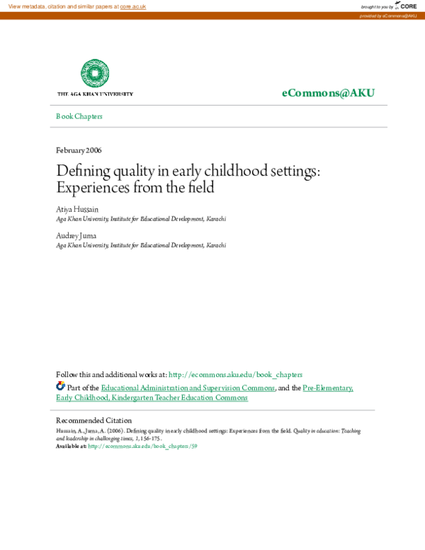 (PDF) Defining quality in early childhood settings: Experiences from the field