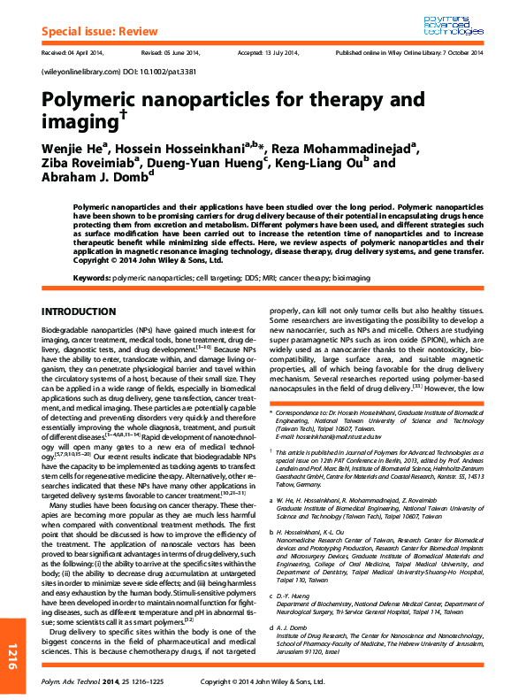 (PDF) Polymeric nanoparticles for therapy and imaging