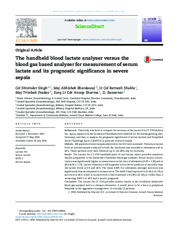 (PDF) The handheld blood lactate analyser versus the blood gas based ...