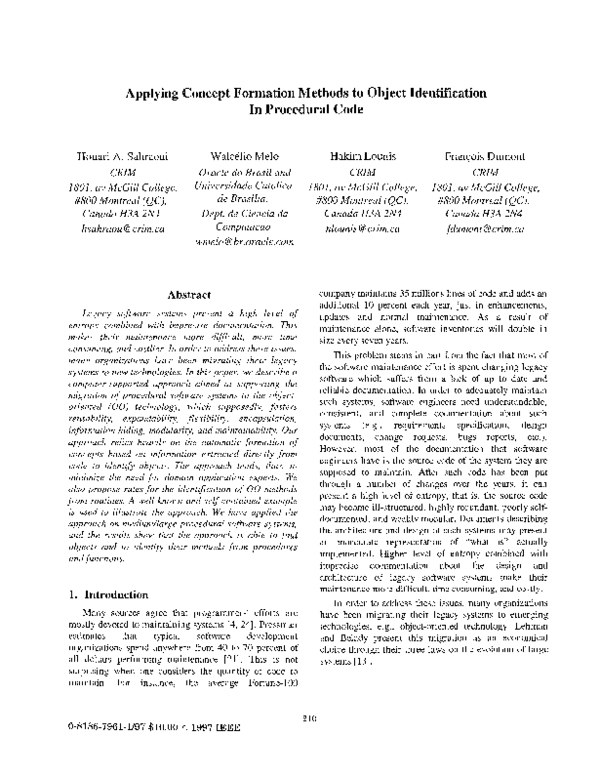 (PDF) Applying concept formation methods to object identification in procedural code