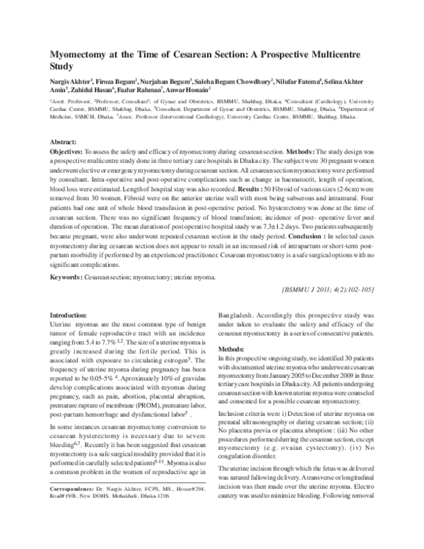 Pdf Myomectomy At The Time Of Cesarean Section A Prospective