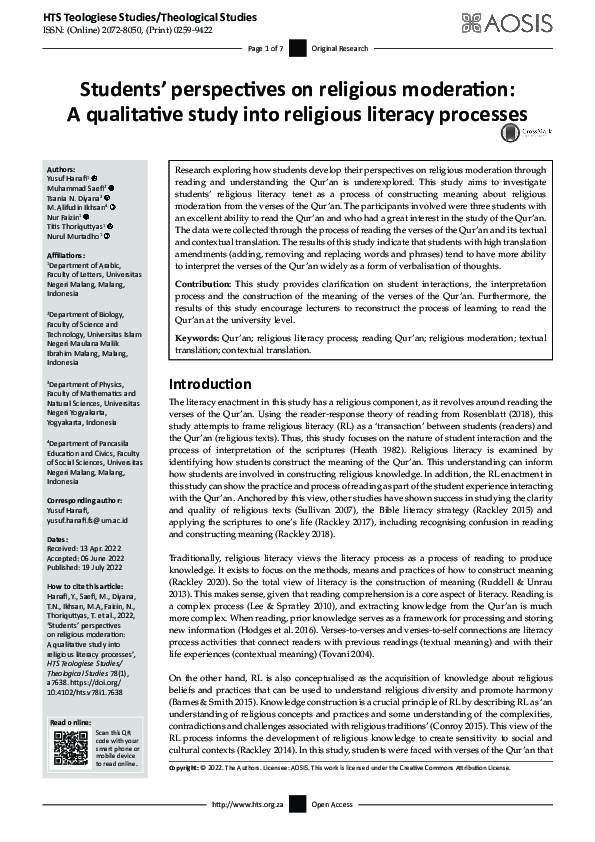 (PDF) Students’ perspectives on religious moderation: A qualitative ...