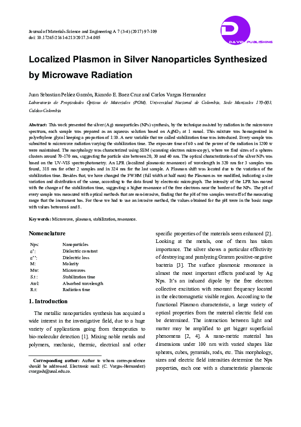 (PDF) Localized Plasmon in Silver Nanoparticles Synthesized by ...