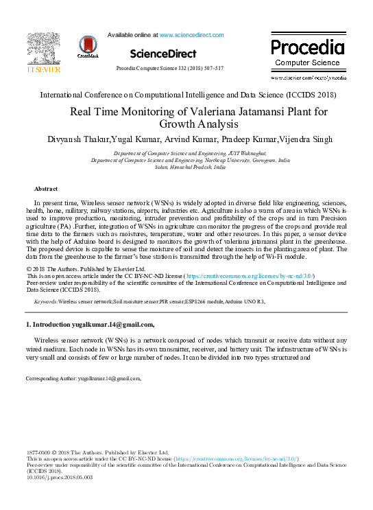 (PDF) Real Time Monitoring of Valeriana Jatamansi Plant for Growth Analysis (PDF) Real Time Monitoring of Valeriana Jatamansi Plant for Growth Analysis