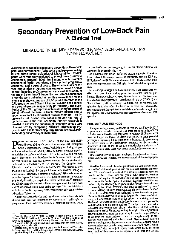 (PDF) Secondary Prevention of Low-Back Pain | Yizhar Floman - Academia.edu