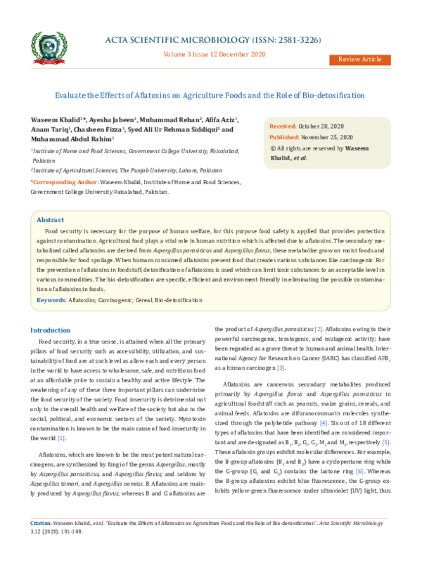 (PDF) Evaluate the Effects of Aflatoxins on Agriculture Foods and the Role of Bio-detoxification