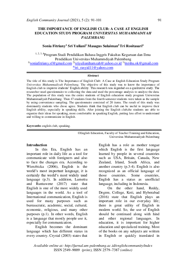 Pdf The Importance Of English Club A Case At English Education Study