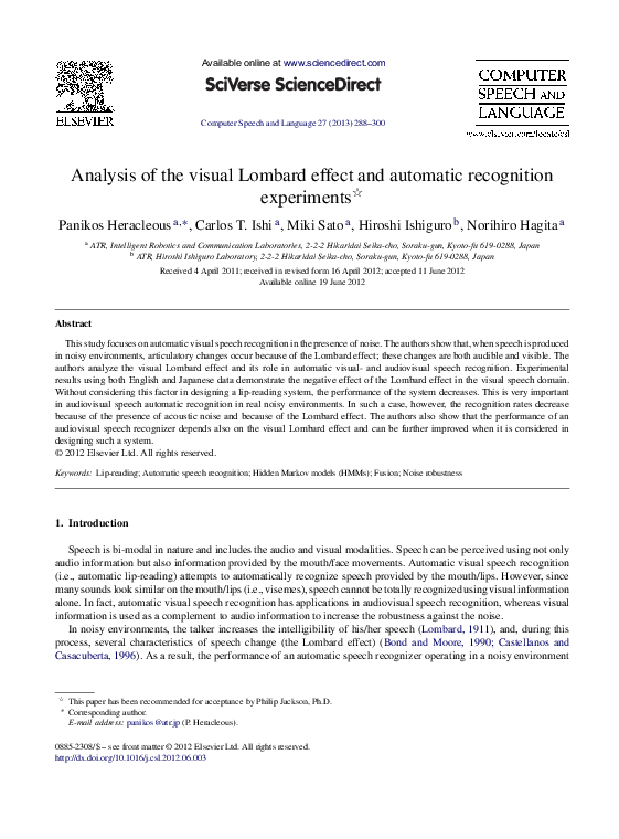 (PDF) Analysis of the visual Lombard effect and automatic recognition ...
